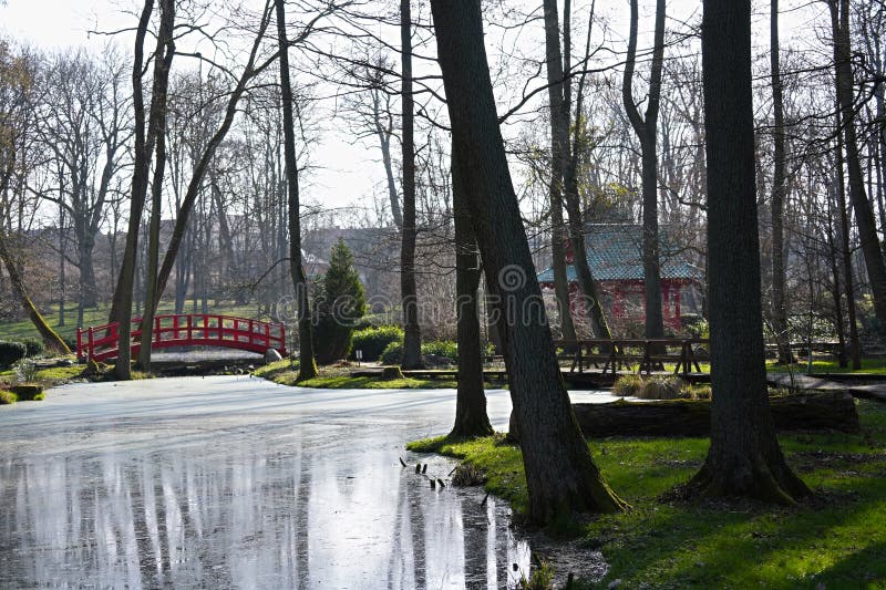 Cozy Spring Park a Japanese-style with Pond Stock Photo - Image of ...