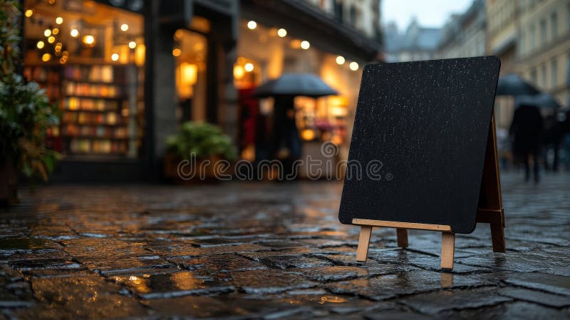 Cozy Spring Rain Setting with a Black Blank Sandwich Board, Water ...