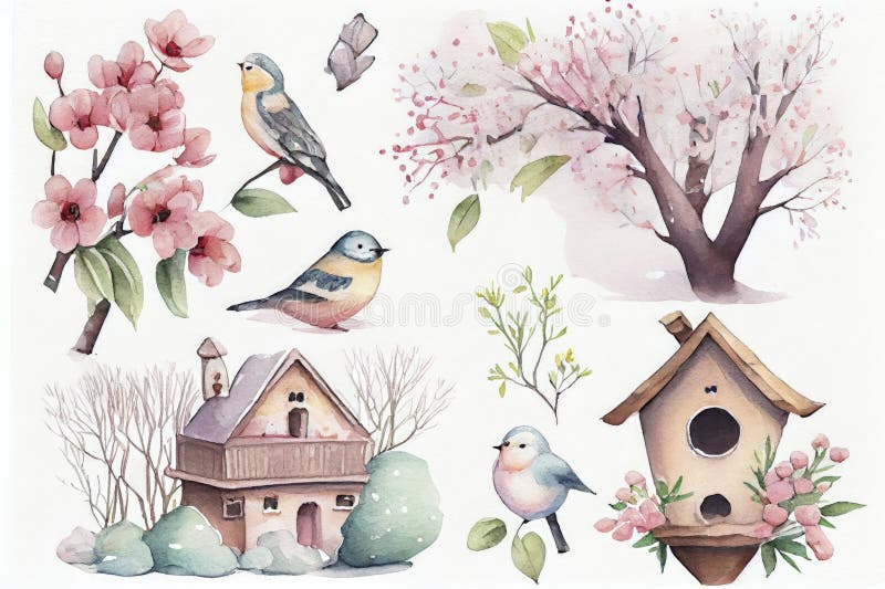 Cozy Spring Watercolor Illustration in Naive Drawing Style Stock ...