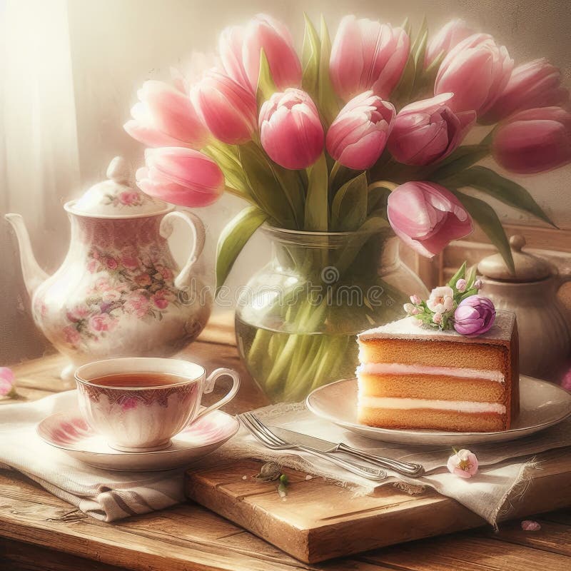 Cozy Springtime Tea Break stock illustration. Illustration of table ...