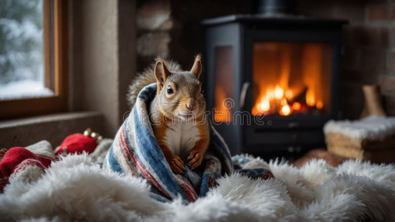 Cozy Squirrel Wrapped in Blanket by Fireplace in Winter Stock ...