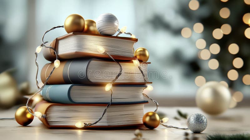 Cozy Stack of Books Decorated with Generative AI Lights Illustration ...