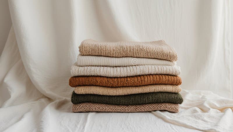 Cozy Stack of Knit Sweaters in Natural Tones on a Light Background ...