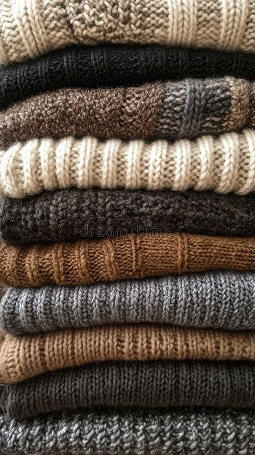 A Cozy Stack of Knit Sweaters in Warm Earth Tones Neatly Stacked on Top ...