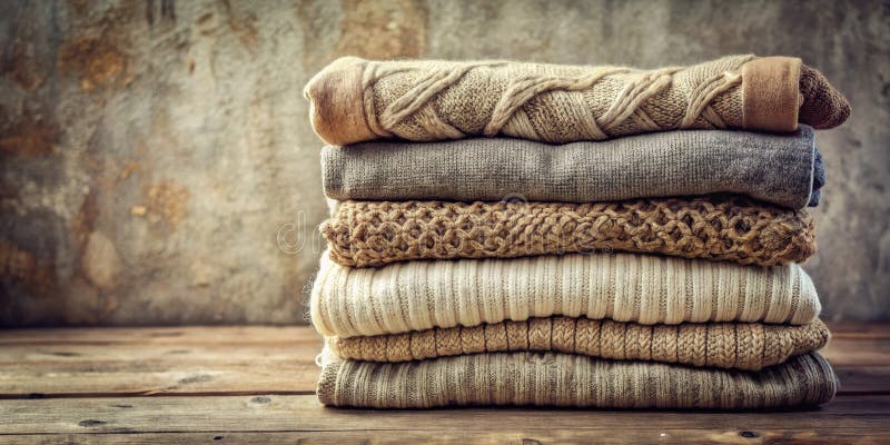 A Cozy Stack of Knitted Sweaters in Earthy Tones on Rustic Wood ...