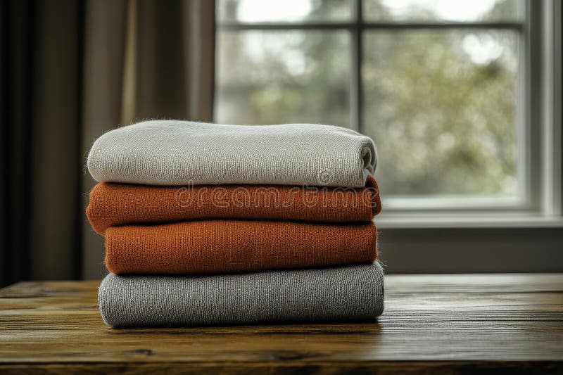 Cozy Stacked Blankets in Warm Tones on a Rustic Wooden Table with a ...