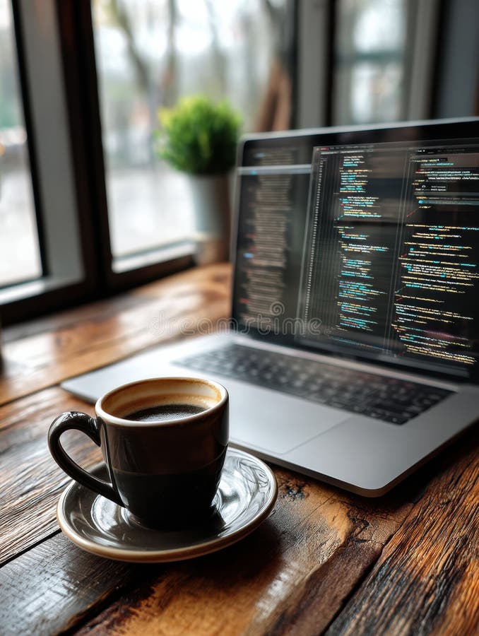 Minimal Tech Startup Workspace Features Laptop Coding and Coffee Drink in Cozy Cafe Setting ...