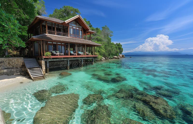 Cozy Stilted Beach House on the Blue Calm Sea Stock Photo - Image of ...