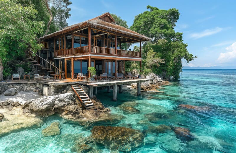 Cozy Stilted Beach House on the Blue Calm Sea Stock Photo - Image of ...