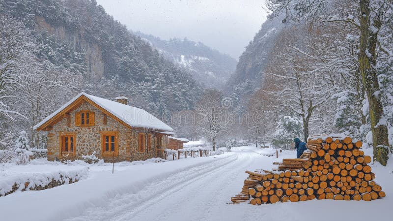 Cozy Stone Cabin in Snow-covered Forest with Log Pile in Wintry ...