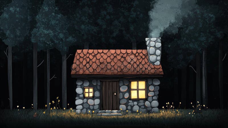Cozy Stone Cottage in a Dark Forest Stock Illustration - Illustration ...