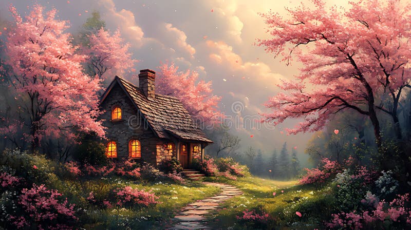 Cozy Stone Cottage Nestled in a Blossoming Pink Cherry Tree Forest at ...
