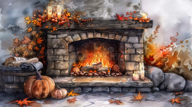 Cozy Stone Fireplace with Autumn Leaves, Pumpkins, and Burning Fire ...
