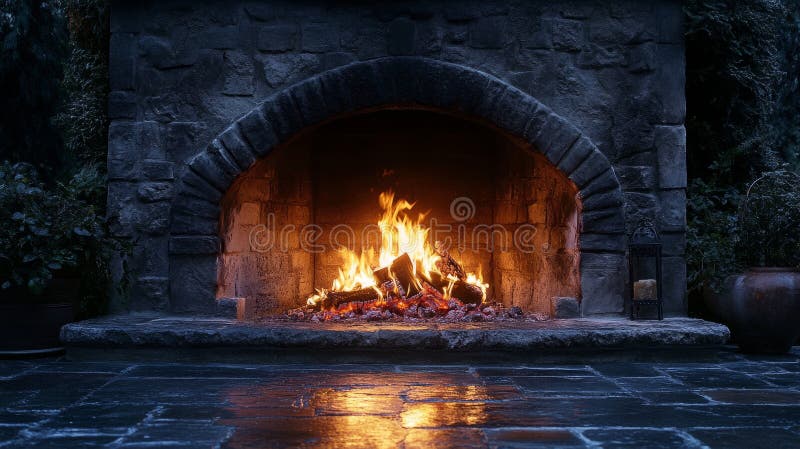 Cozy Stone Fireplace with Burning Fire in a Dimly Lit Room. Stock Photo ...