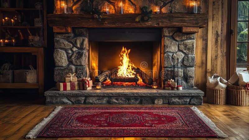 Cozy Stone Fireplace with Burning Fire and Holiday Decorations in ...