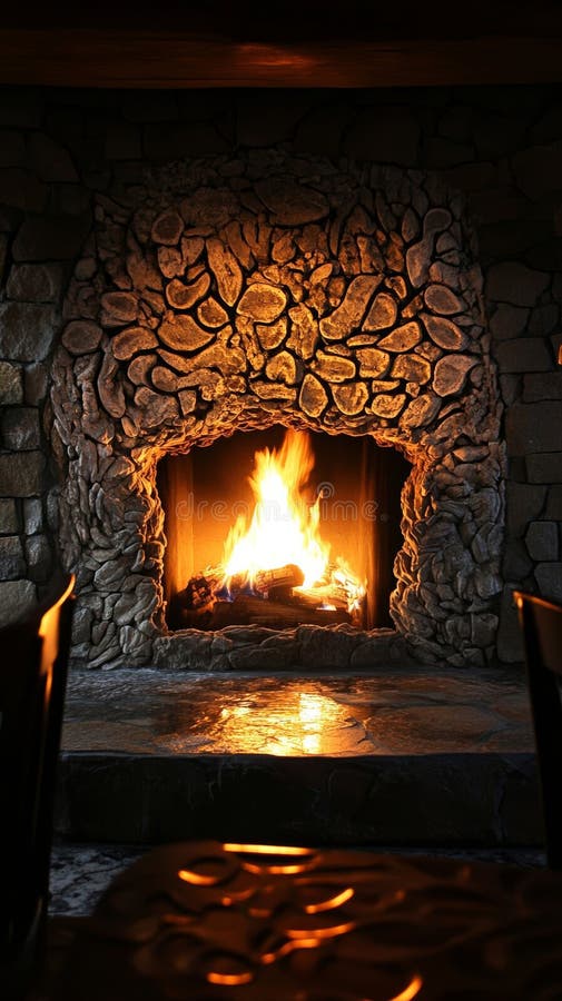 Cozy Stone Fireplace with Burning Logs and Warm Glow, Rustic Interior ...