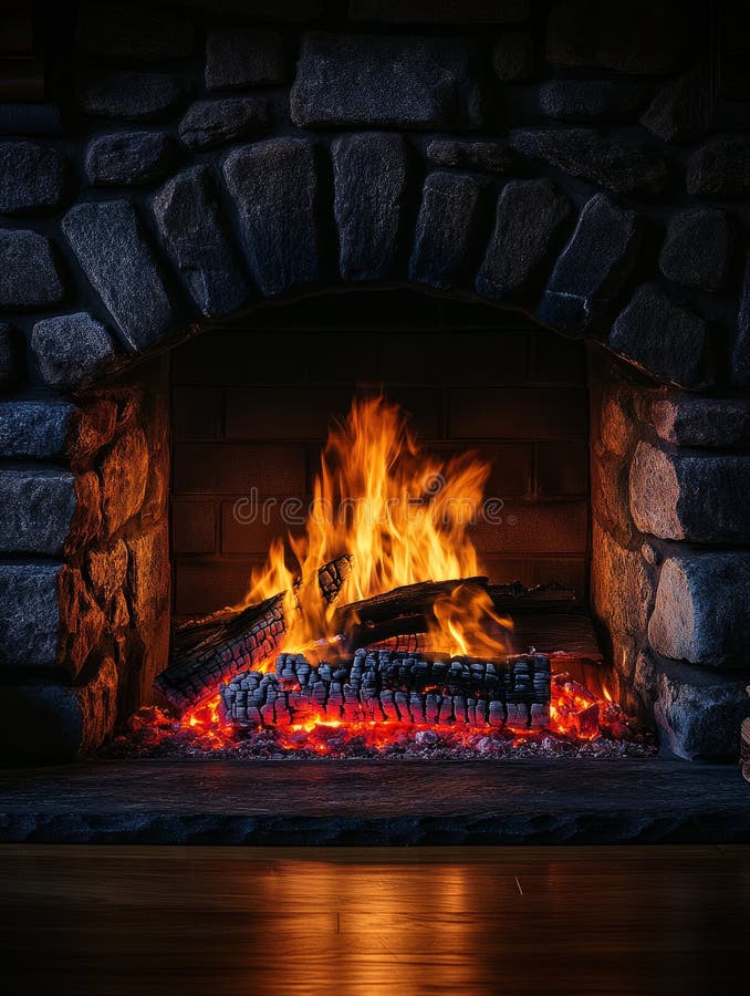A Cozy Stone Fireplace with Glowing Fire and Embers. Stock Image ...