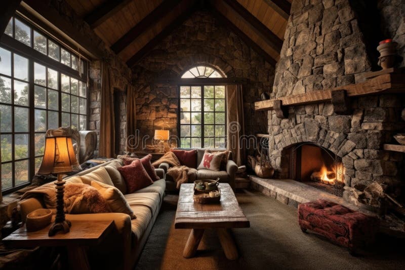 Cozy Stone Fireplace in Rustic Living Room Stock Illustration ...
