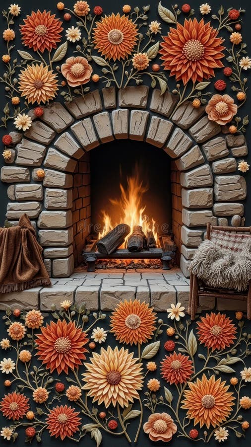Cozy Stone Fireplace with Warm Fire and Autumn Flowers Enhancing Rustic ...