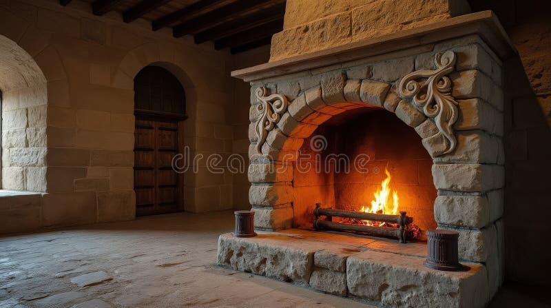 Cozy Stone Fireplace with a Warm Flame Set in a Rustic Interior during ...