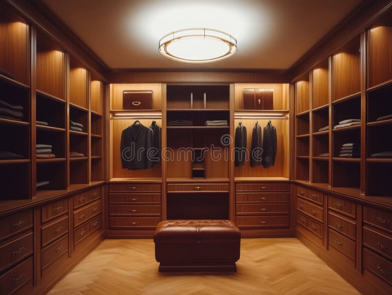 Large Walk-in Closet with Bench Stock Photo - Image of relaxation ...