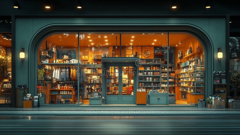 A Cozy Store with Large Windows Displaying Various Products Under Warm ...
