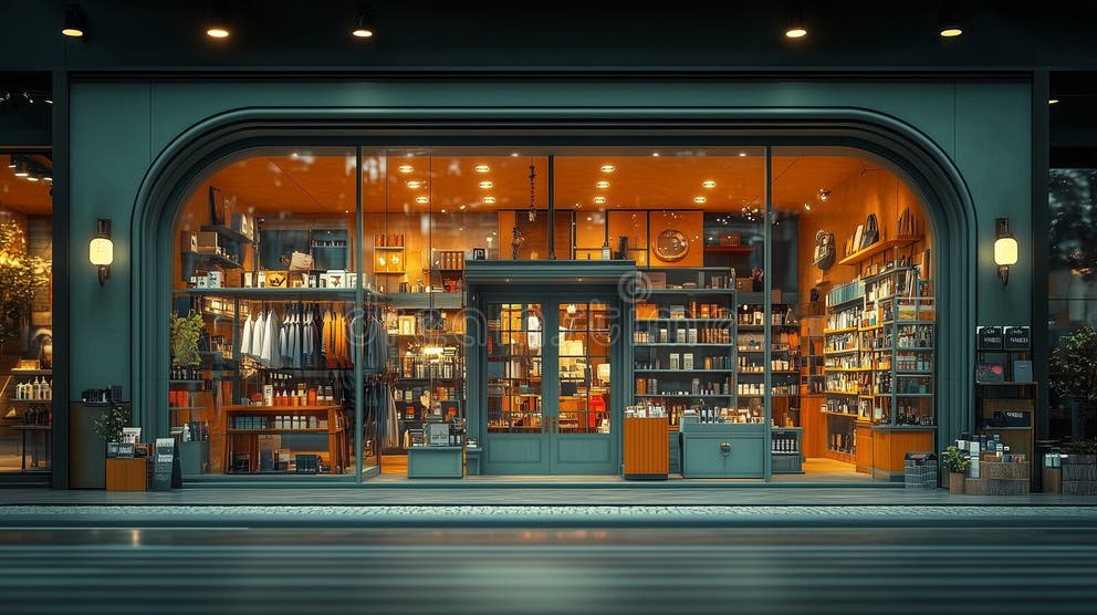 A Cozy Store with Large Windows Displaying Various Products Under Warm Interior Lighting Stock ...