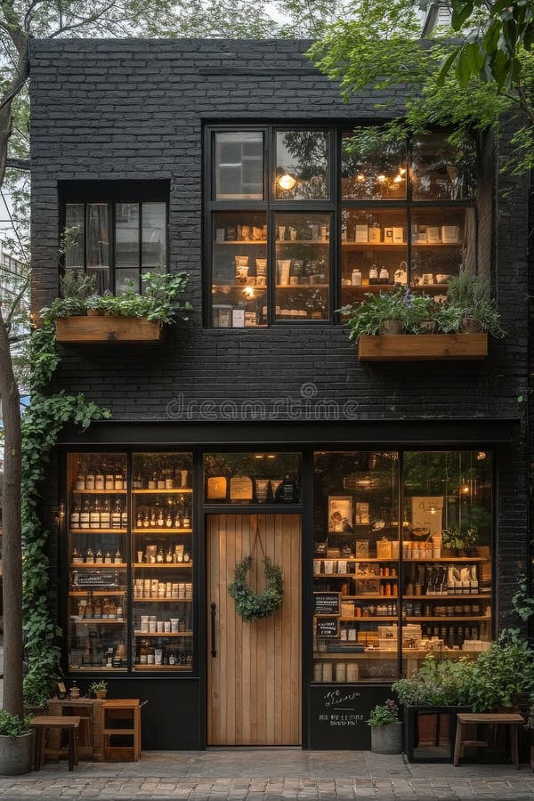 Charming Black Brick Shop Adorned with Greenery in a Quaint Urban ...