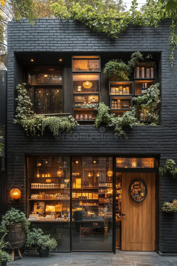 Charming Black Brick Shop Adorned with Greenery in a Quaint Urban ...
