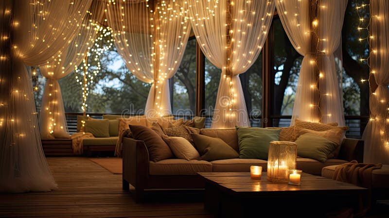 Cozy string lights room stock illustration. Illustration of interior - 321197225