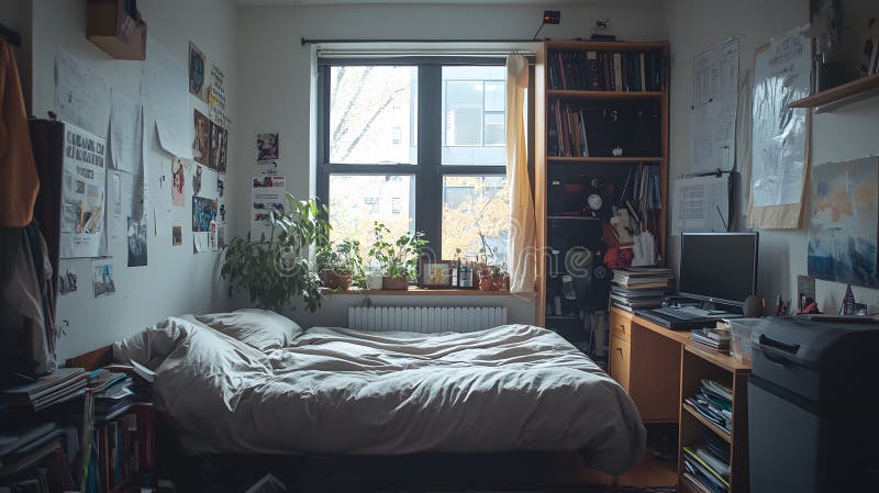 Cozy Student Dorm Room with Workspace Stock Image - Image of apartment ...