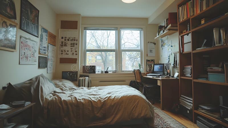 Cozy Student Dorm Room with Bed, Workspace, and Bookshelf Stock Photo ...