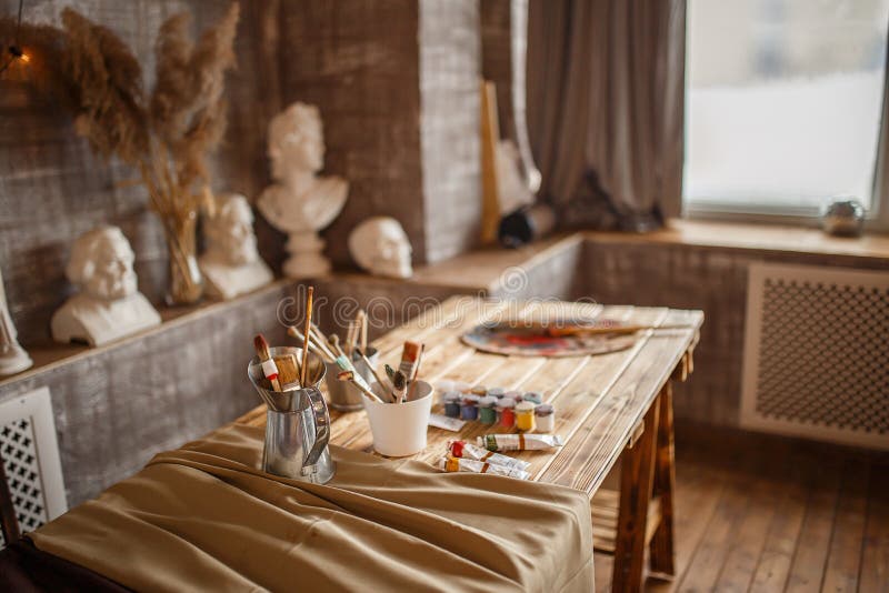 Cozy Studio of an Artist, Paints and Brushes Stock Image - Image of ...