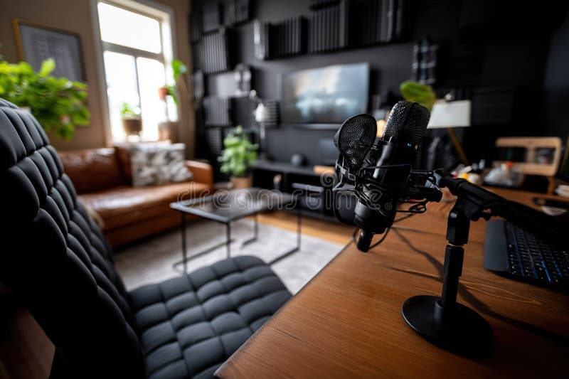Cozy Studio Setup with Microphone and Leather Sofa in a Modern ...