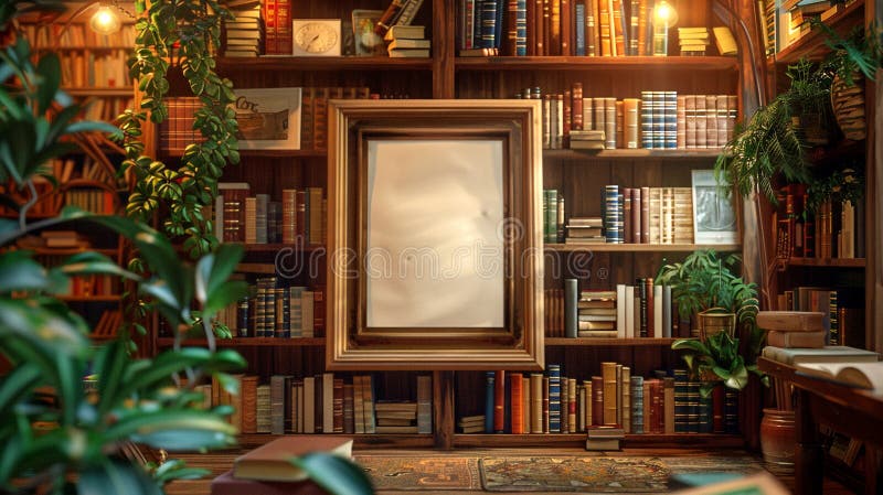 A Cozy Study with a Blank Frame Surrounded by Books in a Warm Library ...