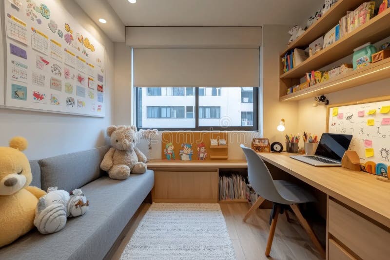 Cozy Study Corner with Plush Toys and a Neatly Arranged Workspace in a ...