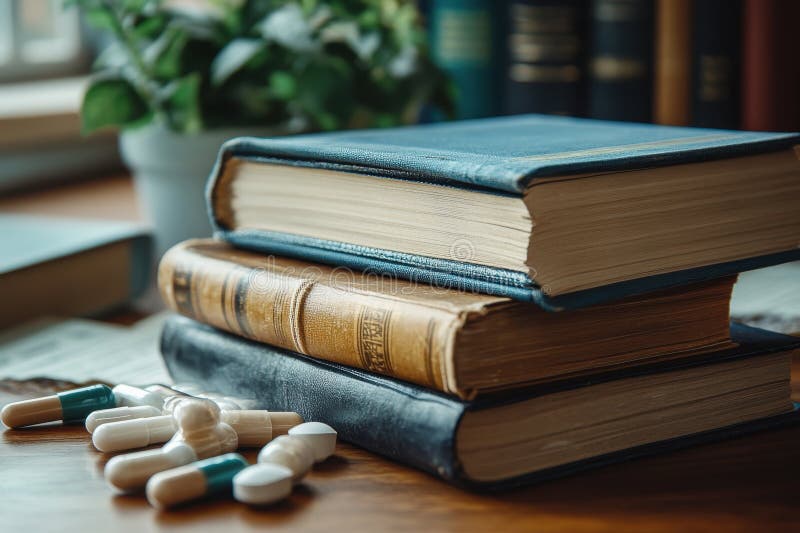 Stacked Antique Books beside a Collection of White Capsules on a Wooden ...