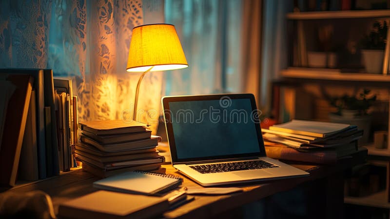 A Cozy Study Nook with a Laptop, Stack of Books, and a Glowing Desk ...