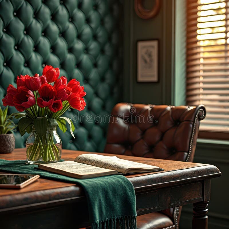 Cozy Study with Red Tulips on Wooden Table by Green Leather Walls and ...