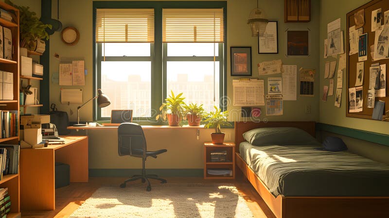 Cozy Student Dorm Room with Bed, Workspace, and Bookshelf Stock Photo ...