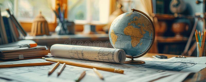 Cozy Study Room with a Globe and Rolled-up Maps on a Wooden Desk ...
