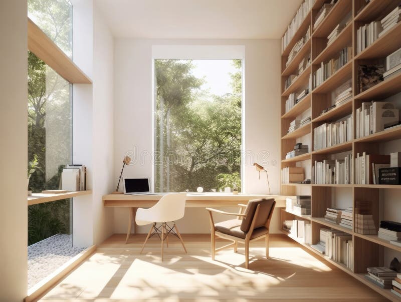 Cozy Study Room Interior with Book Shelves, Sofa and Large Windows ...