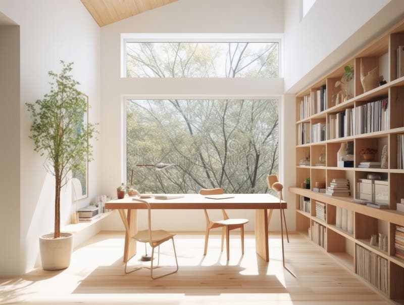 Cozy Study Room Interior with Book Shelves, Sofa and Large Windows ...
