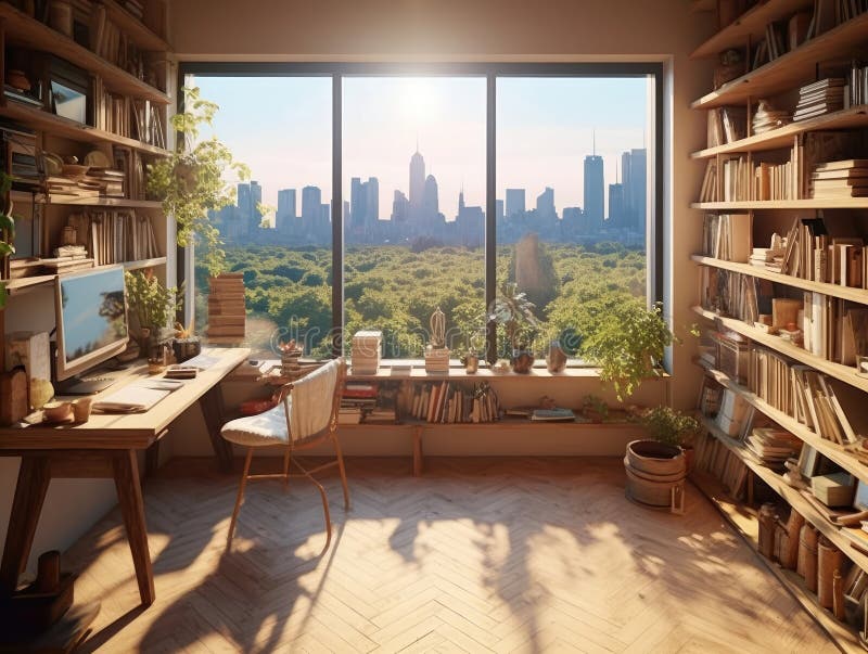 Cozy Study Room Interior with Book Shelves, Sofa and Large Windows ...