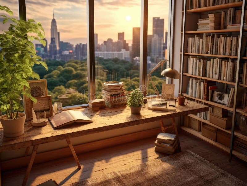 Cozy Study Room Interior with Book Shelves, Sofa and Large Windows ...