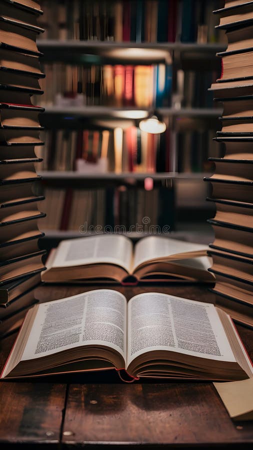Cozy Study Room with Open Book, Stacks of Books, and Warm Lighting ...