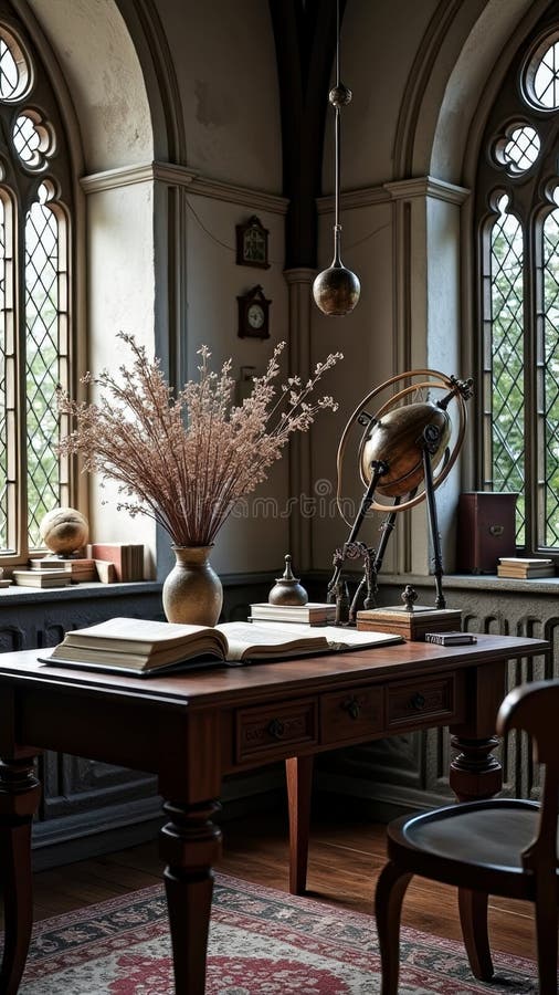 Cozy Study Room with Vintage Decor and Earthenware Vase on Wooden Desk ...