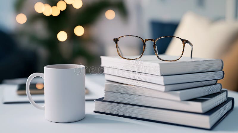 Cozy Study Scene Featuring Stack of Textbooks Pair of Glasses and White ...