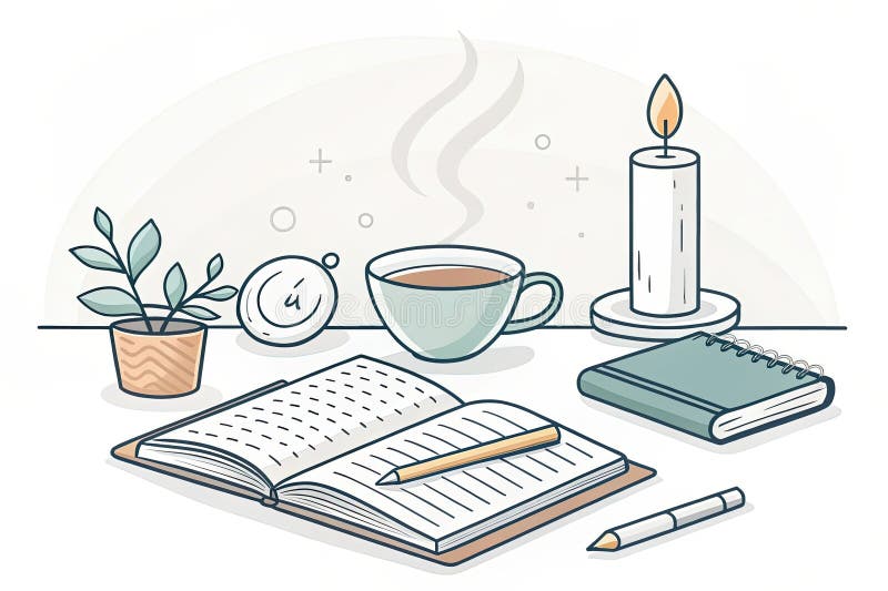 Cozy Study Scene with Notebook Coffee Cup Candle and Plant Stock ...