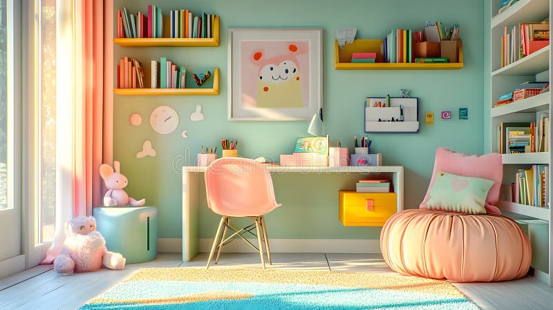 A Cozy Study Space with Colorful Books and Cheerful Decorations Featuring a Playful Character ...